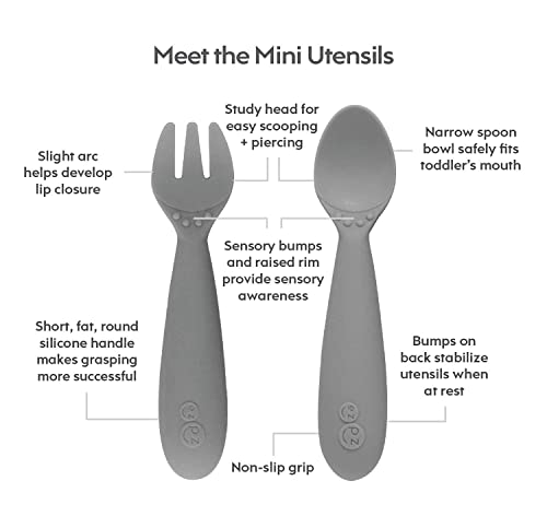 ezpz Mini Collection Set (Gray) - 100% Silicone Cup, Fork, Spoon & Mini Mat Suction Plate with Built-in Placemat for Infants + Toddlers - First Foods + Self-Feeding - 12 Months+