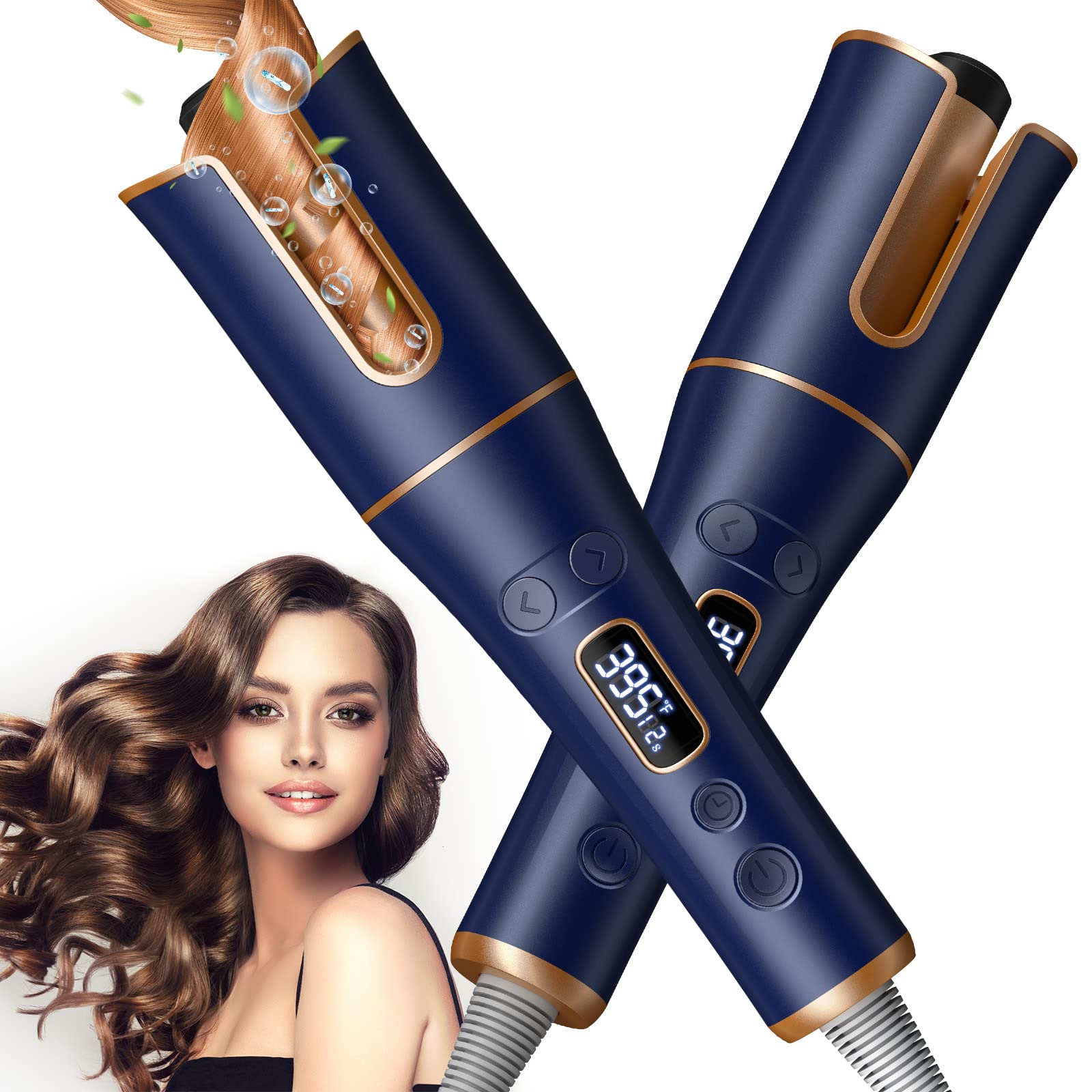 Aeleobnn Auto Hair Curler, Automatic Curling Iron Wand with 1 Large Ceramic Ionic Barrel & LCD Display 4 Temps 3 Timer Dual Voltage Rotating Shut-Off for Styling, Blue
