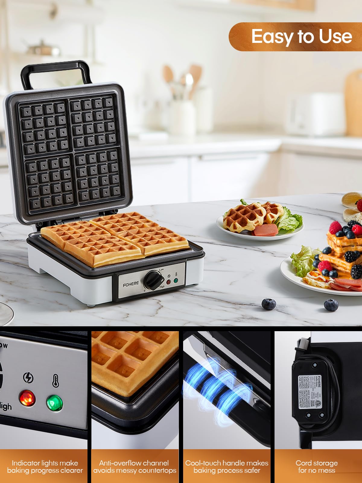 FOHERE Belgian Waffle Maker 4 Slices, 1200W Square Waffle Iron, 5 Browning Levels, Nonstick Plates, Cool-touch Handle, Anti-scald, Anti-overflow, Indicator Lights, Recipe, White