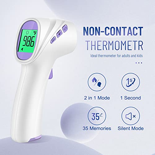 GoodBaby No-Touch Digital Forehead Thermometer, Infrared Thermometer for Adults, Kids & Babies, 1 Second Measurement, Fever Alert and 35 Sets Memory, Purple