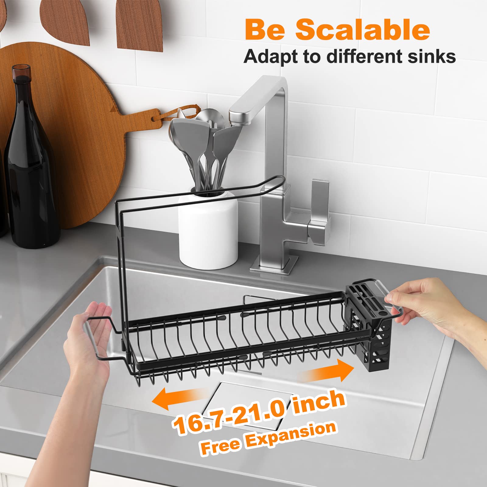 Sponge Holder for Kitchen Sink Telescopic Sink Storage Rack, Expandable for Sponge Brush Soap Dish Cloth Rag 16.7" to 21.3"(201 Stainless Steel) (Black Upgrade)