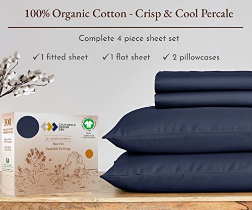 California Design Den Luxury Cotton Sheets for Queen Size Bed, GOTS Certified - Percale Sheets Queen - Soft Cooling Sheets - Deep Pockets - 4 Pc Organic Cotton Queen Size Sheet Set, Navy Blue Sheets