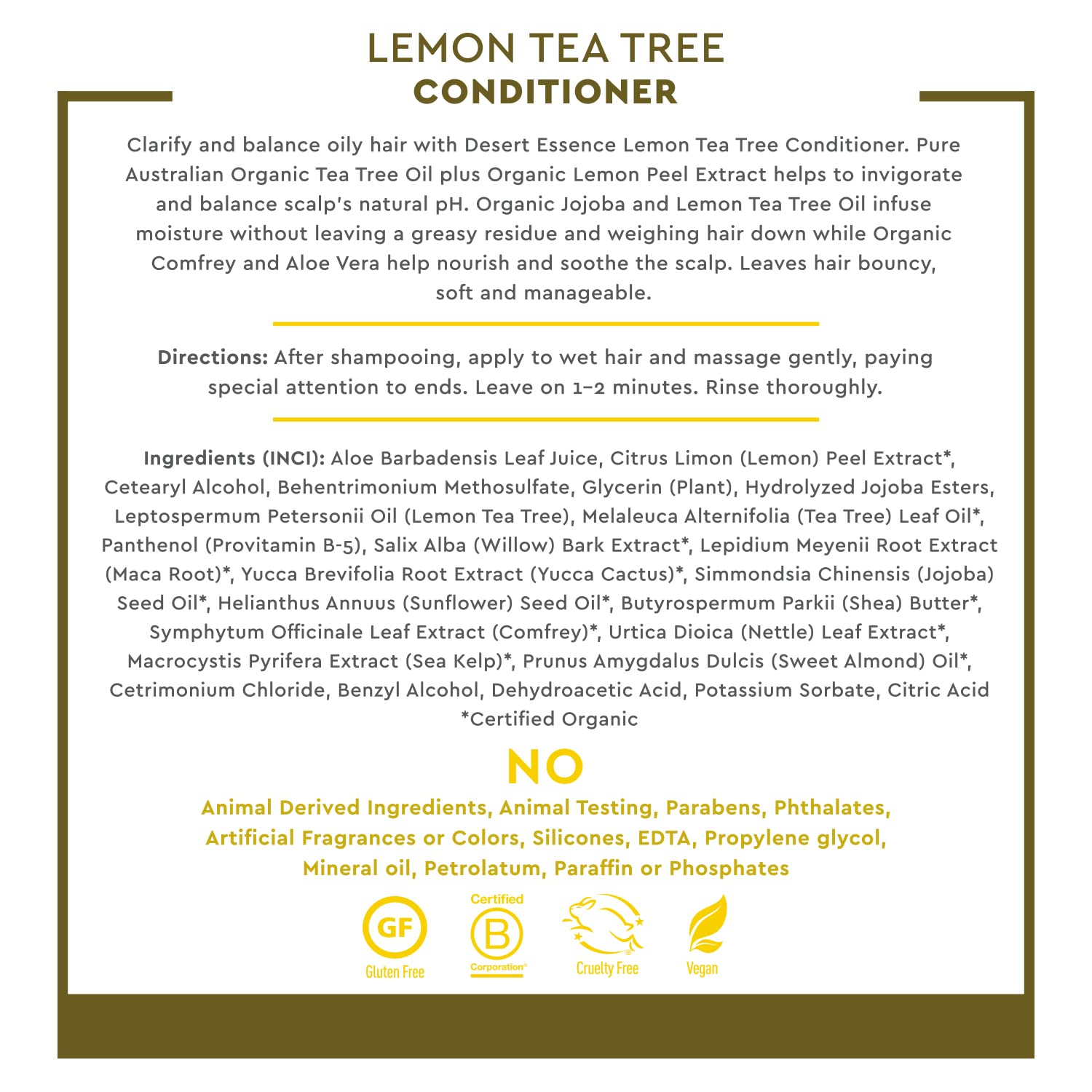 Desert Essence Conditioner, Lemon Tea Tree, Clarifying Provitamin B5, Organic Lemon Peel Extract & Nourishing Aloe - Purifying, Moisturizing, Soothing - Vegan, Sulfate-Free, Cruelty-Free - 8oz