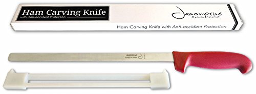 Ham Carving Knife with Anti-accident Protection 12-Inch - Flexible Stainless Steal Ham Slicing Knife for Slicing Serrano, Ibérico Ham & Italian Prosciutto