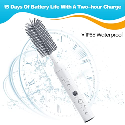 Electric Baby Bottle Brushes USB Rechargeable, Waterproof Bottle Cleaner Brush Wall-Mounted, with Silicone Bottle/Pacifier/Straw Brush, Two-Speed Cleaning Mode, 360° Rotating Cleaning, 1200mAh (Grey)