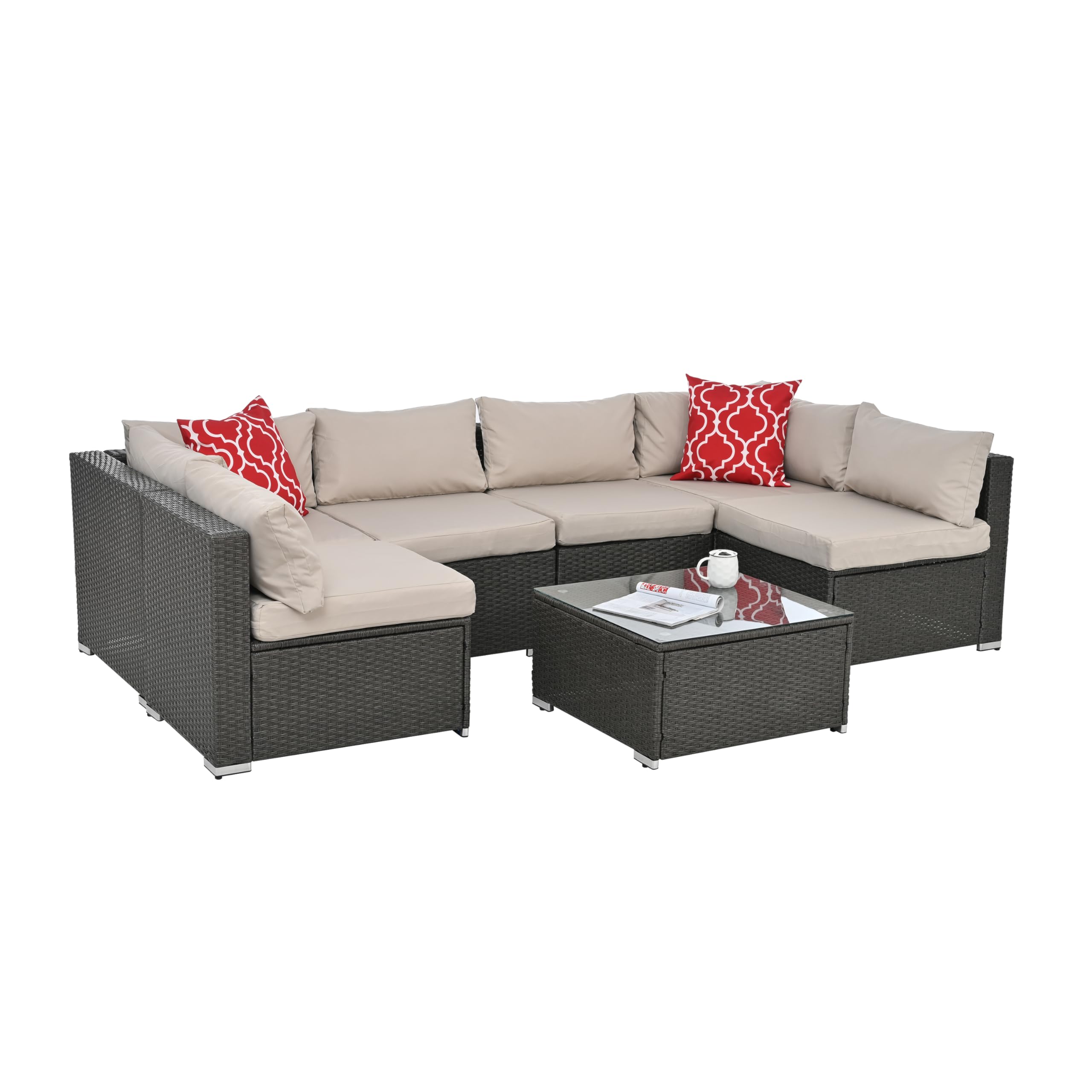 Morhome 6 Piece Patio Furniture Set Rattan Outdoor Sectional Conversation Sets, Dining Table Chair with Bench and Cushions for Backyard, Pool, Lawn