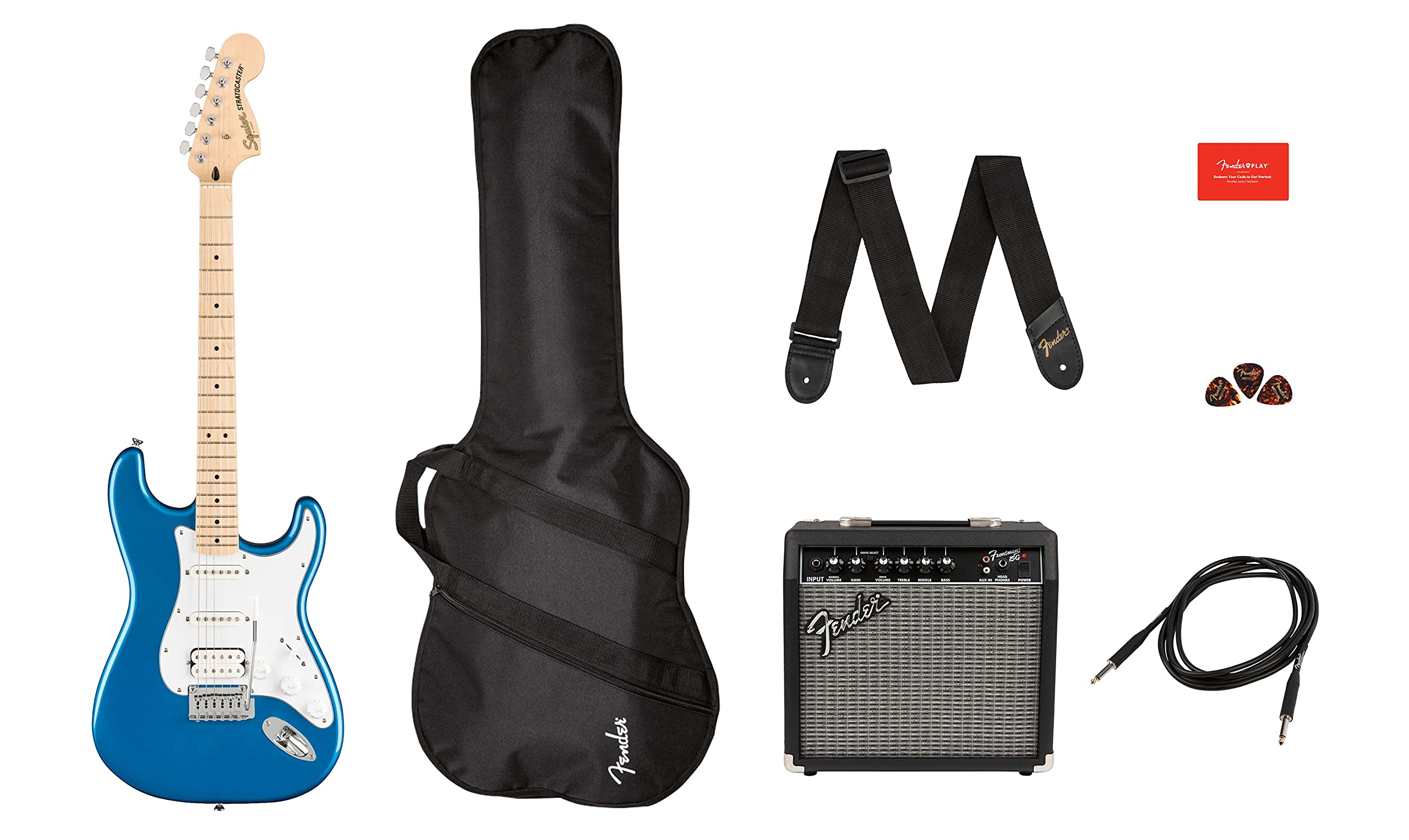 Fender Squier Affinity Stratocaster HSS - Lake Placid Blue Bundle with Frontman 10G Amplifier, Instrument Cable, Gig Bag, Strap, Picks, and Austin Bazaar Instructional DVD