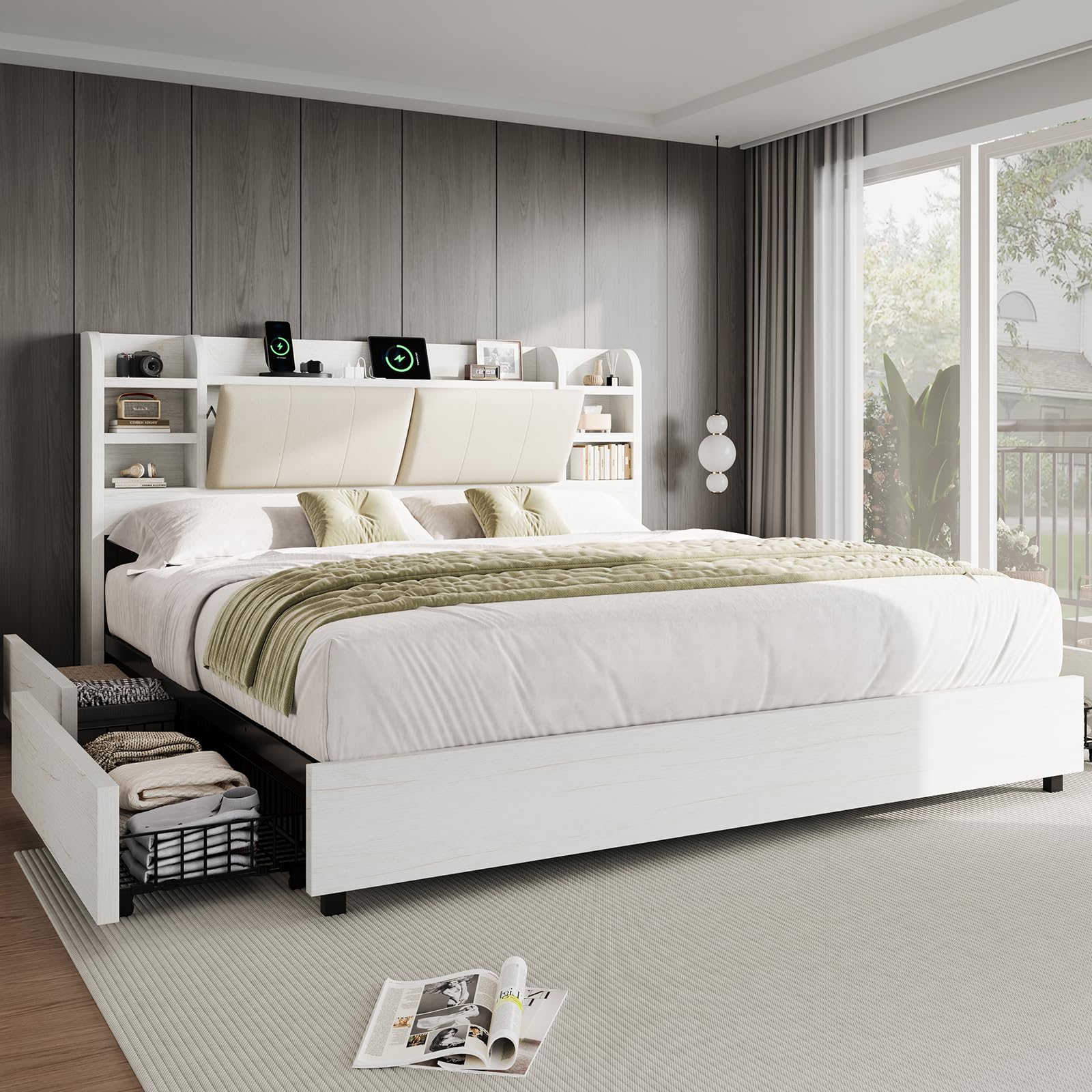 AMERLIFE King Size Bed Frame with 4 Storage Drawers, Upholstered Bed Frame with 47.2" Bookcase Headboard, Wooden Platform Bed with Charging Station/No Box Spring Needed/White