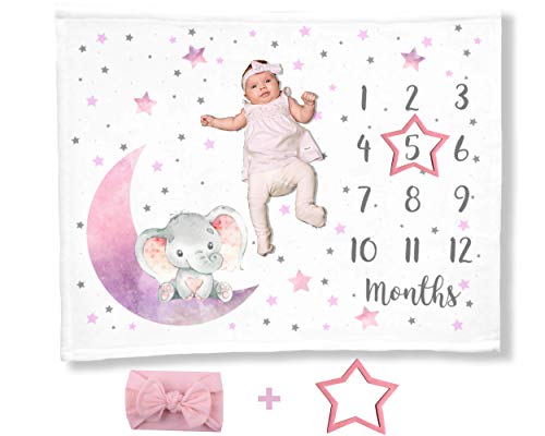 Elephant Baby Milestone Blanket Headband, Month Marker, Newborn Photography Background Mat Photo Prop, Calendar Growth Tracker Chart, I Love You to The Moon and Back Stars Nursery (Pink, Minky 50x40)