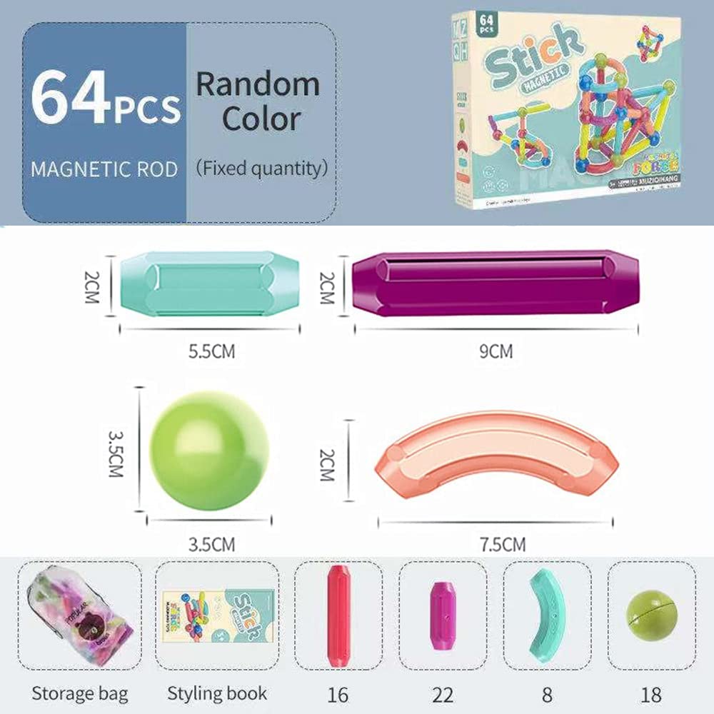 fengyang 64 PCS DIY Magnetic Balls and Rods Set Building Sticks Blocks Vibrant Colors Different Sizes Curved Shapes Children Educational Stacking STEM Magnet Toys for Kids Age 3+…