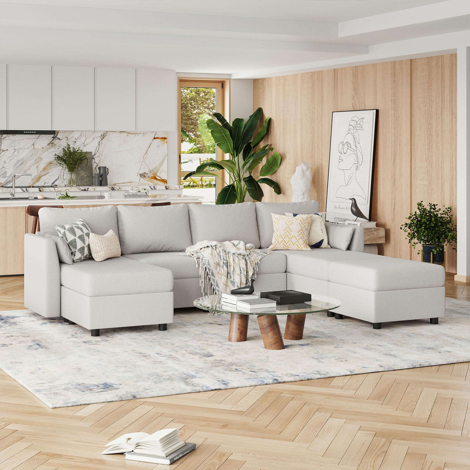 Mangodan Modular Sectional Sofa with Storage, Convertible 7 Seat Sectional Couches for Living Room, U Shaped Sectional Sofa with Chaise, Comfy Sectional Sleeper Sofa, High Supportive Sponge-Beige