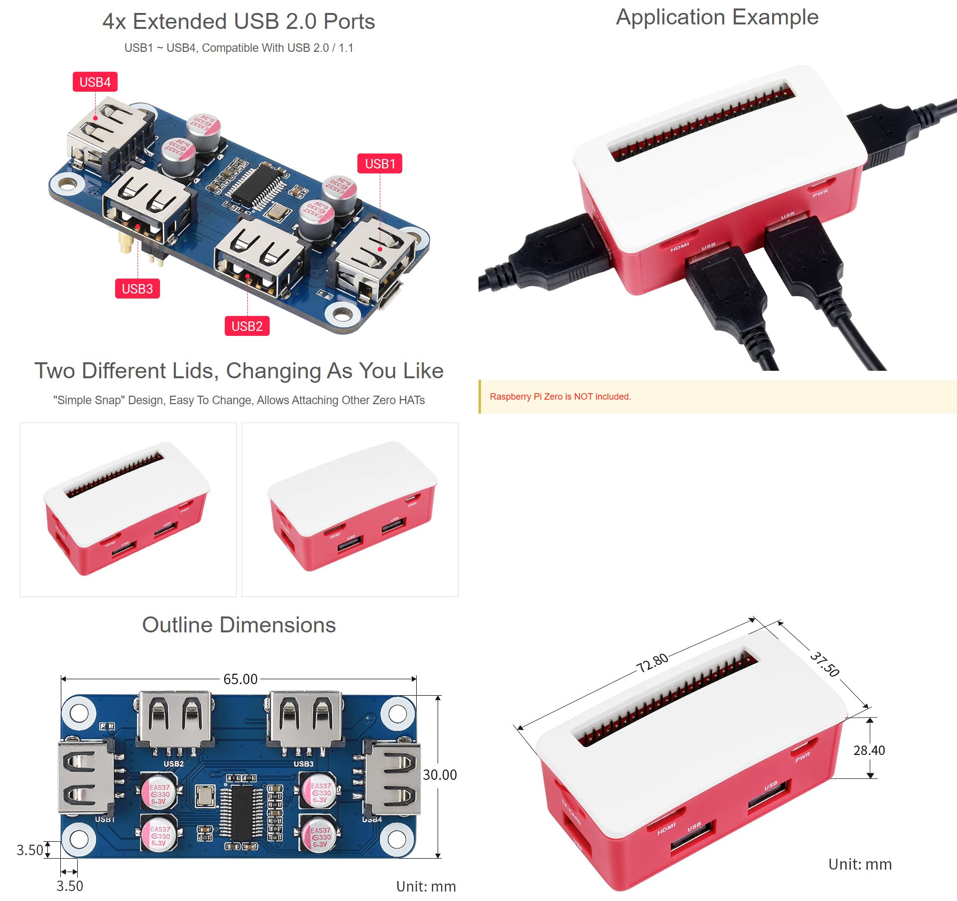 Waveshare USB HUB Box for Raspberry Pi Zero Series 4X USB 2.0 Ports Suitable for Raspberry Pi Zero Series