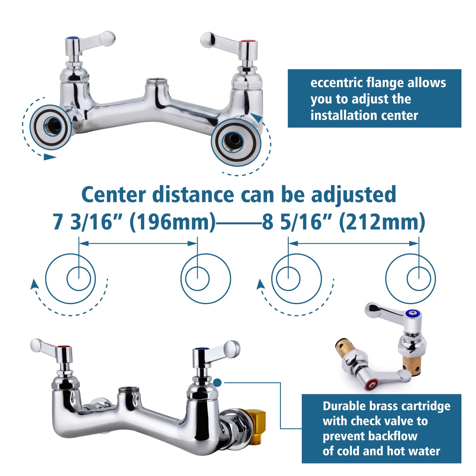 MaxSen Commercial Sink Faucet Wall Mount 8 Inch Adjustable Center with 3/4'' Gargen Hose End,Commercial Kitchen Faucet with 12" Swivel Spout fit for 1,2,3 Restraurant Compartment Sink.