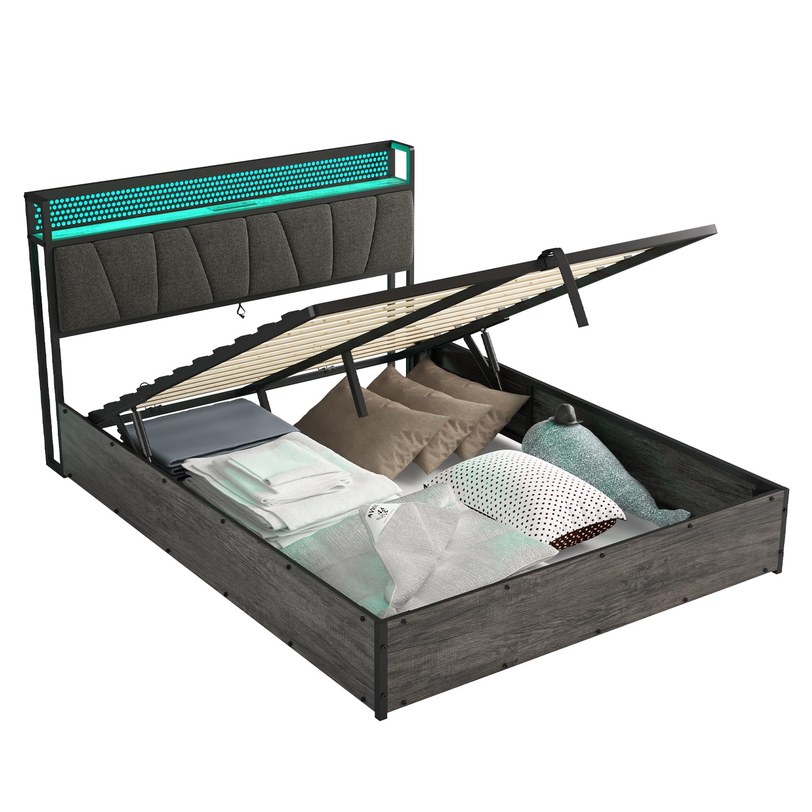AMERLIFE Queen Size Lift Up Bed Frame with Linen Upholstered & LED Light & Storage Headboard, Platform Bed Frame with Charging Station, No Box Spring Needed, Noisy Free, Rustic Grey