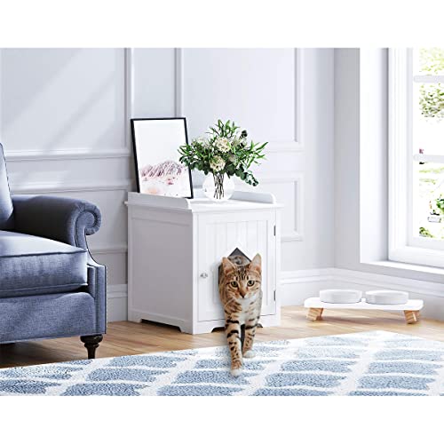 PAWLAND Cat Litter Box Enclosure, Cat House Side Table,Night Stand Pet House, Indoor Cat House, White