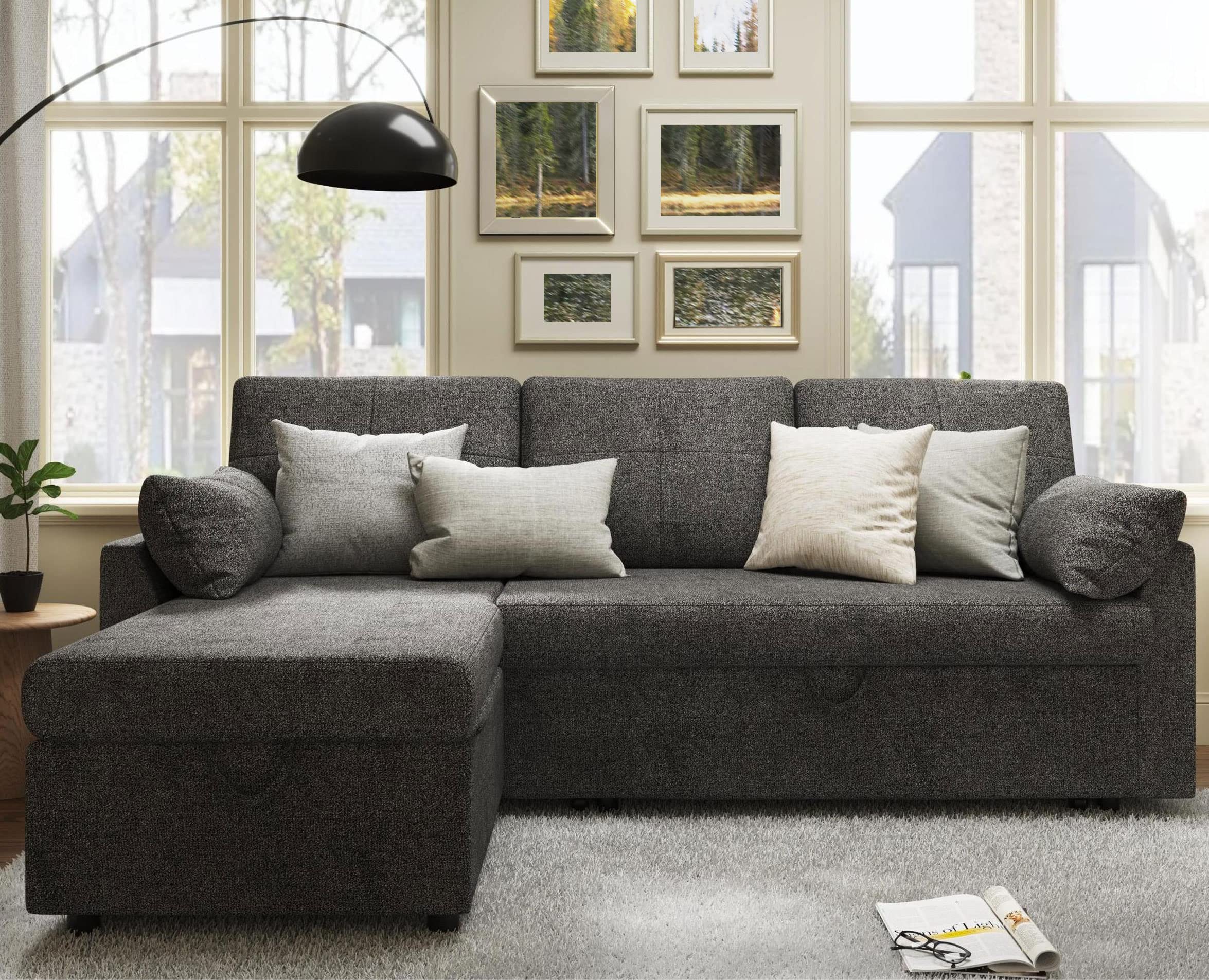 AMERLIFE Sleeper Sofa,Sofa Bed Couch with Storage Chaise, 2 in 1 Pull Out Sofa Couch for Living Room, Gray Chenille