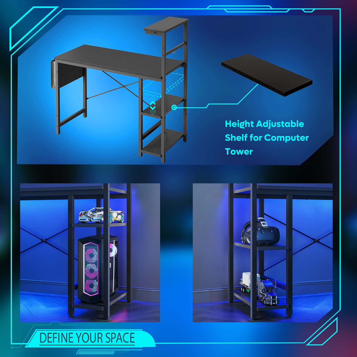 Bestier Gaming Desk with LED Lights, 44 Inch PC Gamer Desk for Small Spaces, Computer Desk with Reversible Storage Shelves & Side Storage Bag (Black Grained)