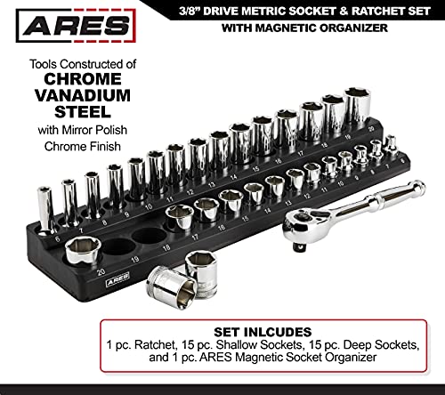 ARES 47004-32-Piece 3/8-inch Drive Metric Socket and 90-Tooth Ratchet Set with Magnetic Organizer - Sizes 6mm to 20mm Deep and Shallow Sockets