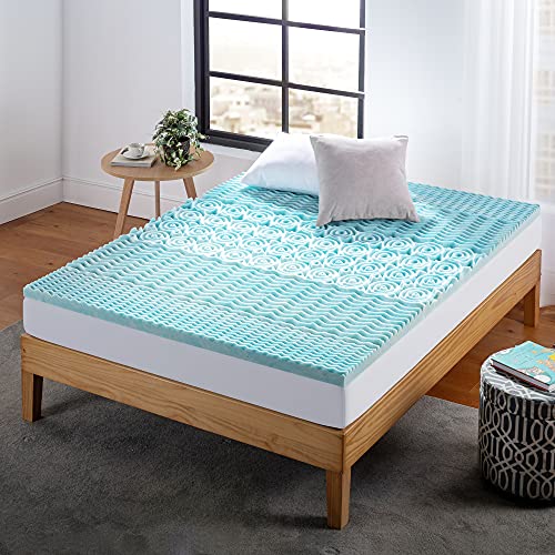 Zinus 1 Inch Green Tea Cooling Gel Memory Foam Zoned Support Mattress Topper, King, Blue