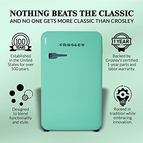 Crosley Retro Mini Fridge 3.2 Cu Ft Mint Green w/o Freezer, Compact Refrigerator for Bedroom, Garage, Office Under Desk, Undercounter, Apartment, School Dorm Fridge, Aesthetic, Small & Cute Appliances