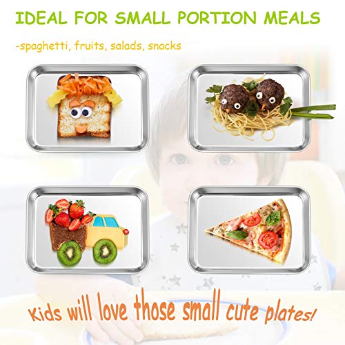 E-far Stainless Steel Kids Plates, 4 Pieces Mini Metal Dinner Dish Set for Kids Toddler Child, 7.3β x 5.3β x 0.75β, Non-Toxic & & Dishwasher Safe, Great for Self-Feeding/Picnic/Outdoor Camping
