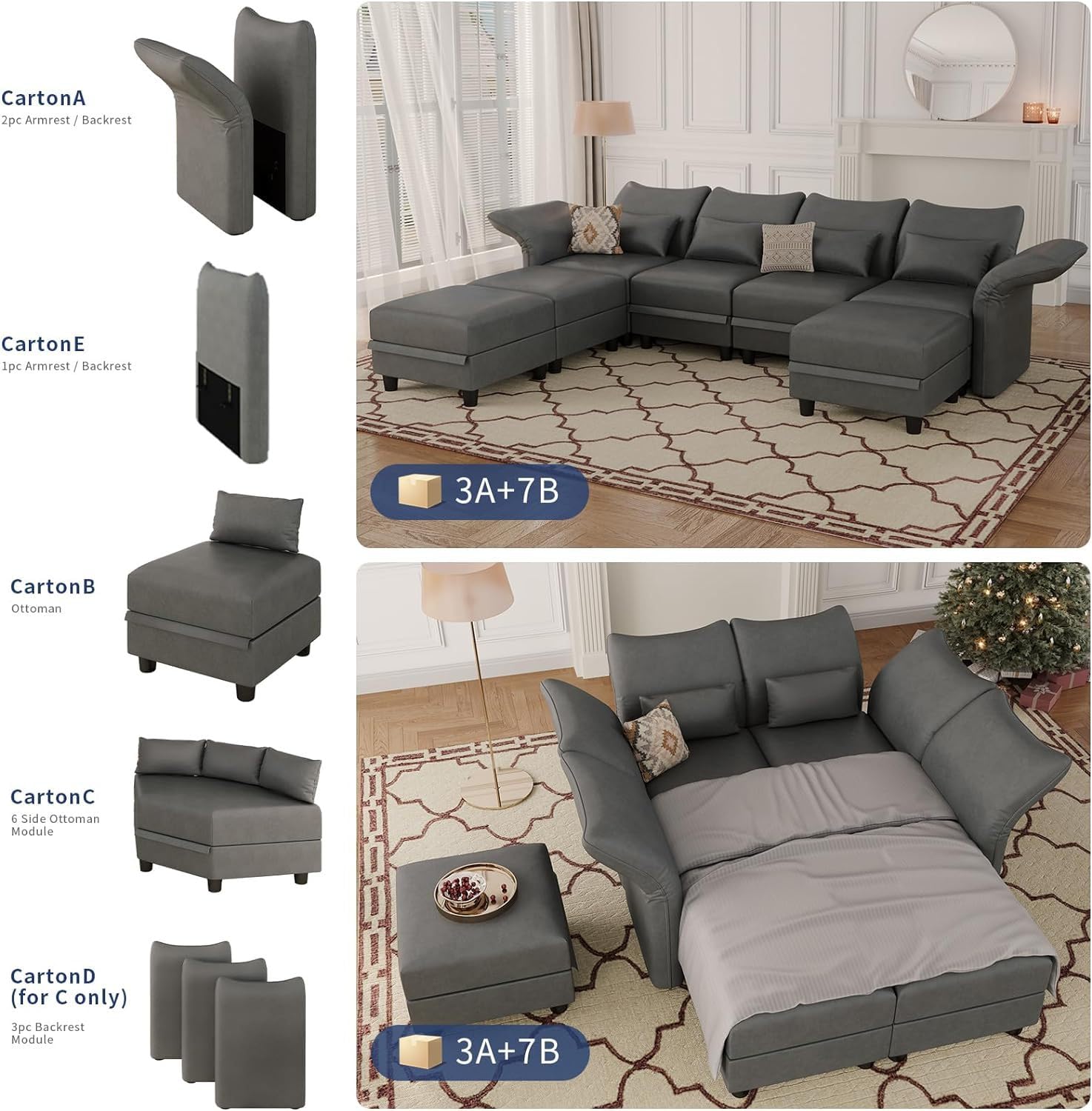 LLappuil Oversize Faux Leather Sectional Sofa U Shaped Modular Couch with Storage Sectioanl Sofa Couch for Living Room, Dark Grey