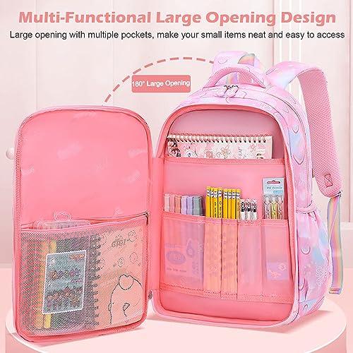 BYXEPA Girls Backpack, 16.5 * 13.5 * 7 inches School Backpack for Girls, Lightweight Kids Backpack with Compartments, Kids' School Book Bag for Elementary Student (Pink)