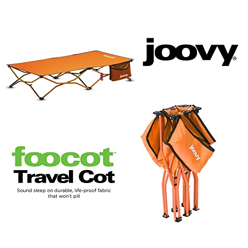 Joovy Foocot Travel Cot Featuring a Steel Frame and Tough Polyester Fabric, Storage Pocket, and Easily Folds into Included Travel Bag β Holds Kids Up to 48β Tall or 75 Lbs (Orange)