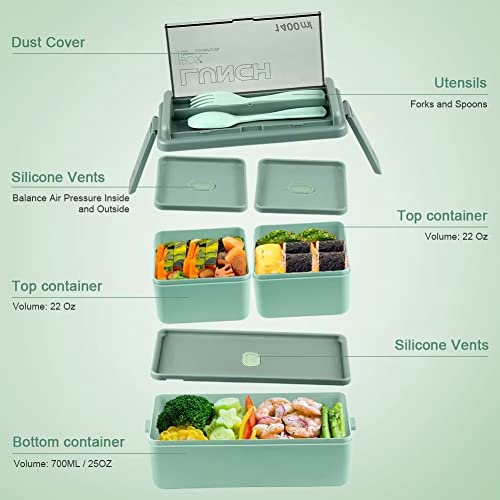 Bento Box Adult Lunch Box, 2 Layer Stackable Bento Lunch Containers for Adult with 3 Compartments, BPA-FREE Bento Lunch Box with Utensil(49 Oz), Leak-Proof Salad Box Microwave Safe Bento Box