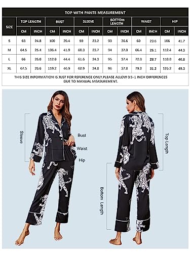 Brosloth Women's Silk Satin Pajamas Pjs Sets Cute Tiger Pattern Two Piece Loungewear Set Button Up Pajamas Sleepwear Black M