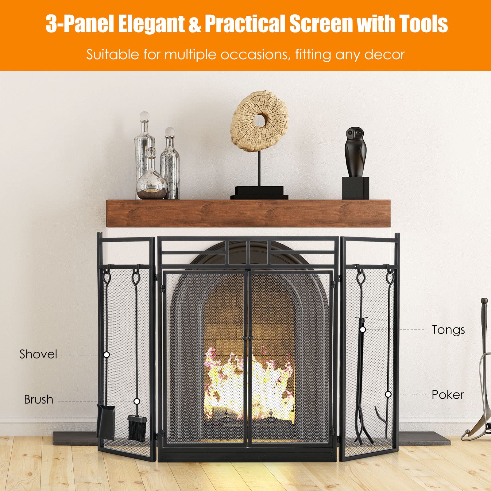 Tangkula 3-Panel Folding Fireplace Screen with Magnetic Hinged Doors, Fire Spark Guard with Fireplace Tools Set, Wrought Iron Decorative Mesh Cover with Wood Burning Stove Accessories, Black