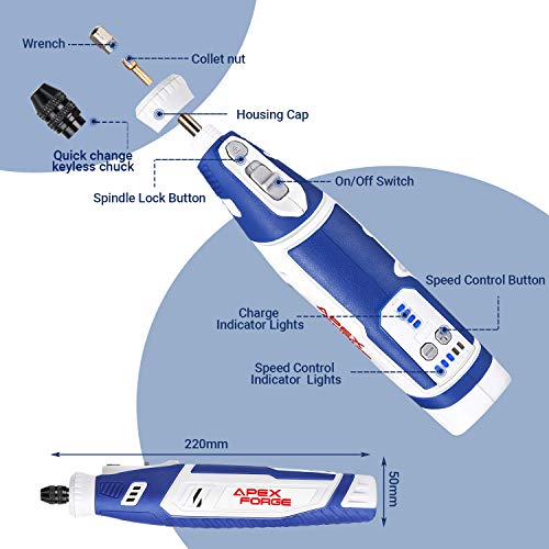 APEXFORGE M8 Cordless Rotary Tool, 8V 2.0Ah Rechargeable Battery, 5-Speed 5000-30000RPM, Keyless Chuck, 101Pcs Accessories, Shield Attachment, Long Endurance Power, Ideal for Sanding,Grinding,Cutting