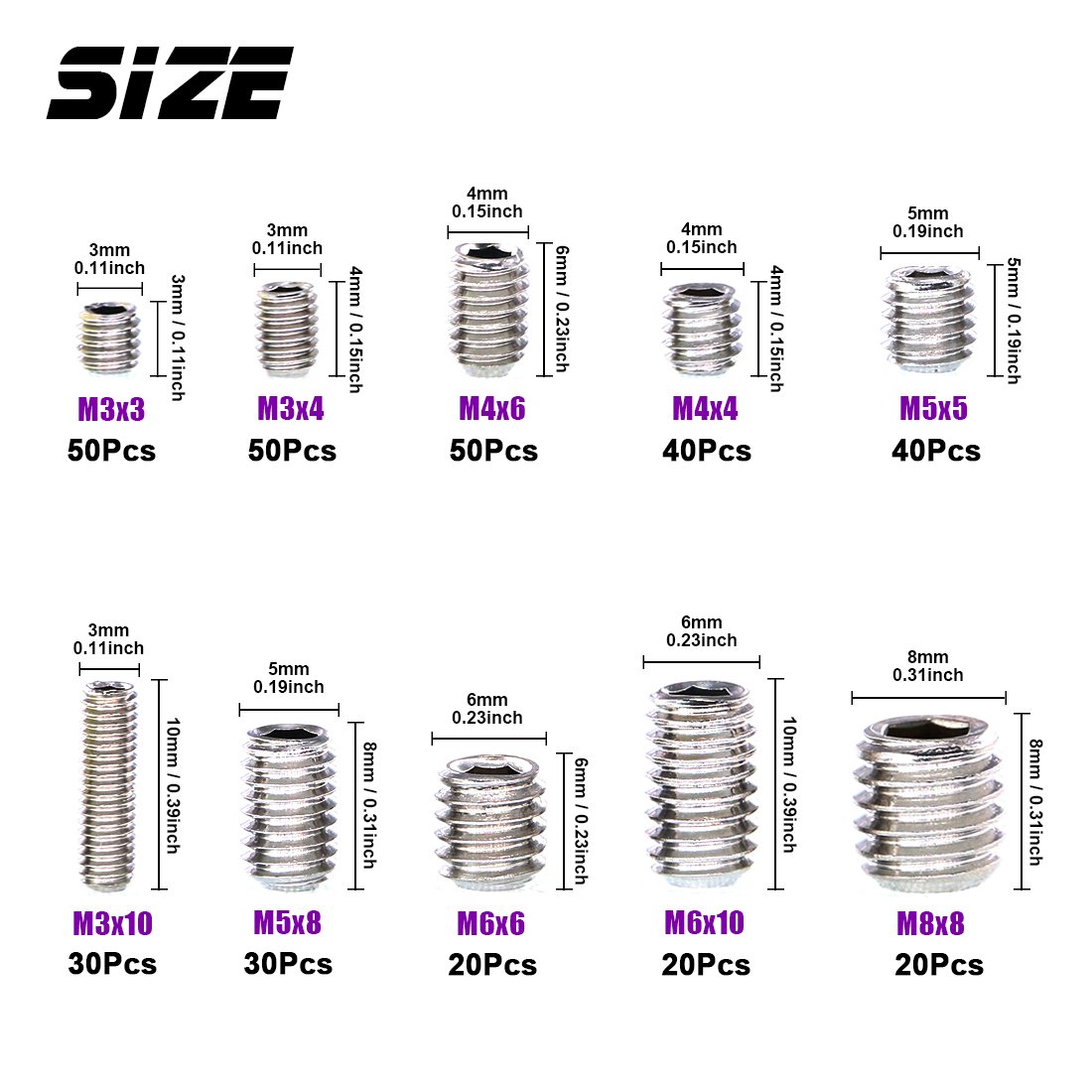Swpeet 350 Pcs Stainless Steel Allen Head Socket Hex Grub Screw Assortment Kit, Including 10 Sizes M3/4/5/6/8 Stainless Steel Internal Hex Drive Cup-Point Set Screws for Door Handles