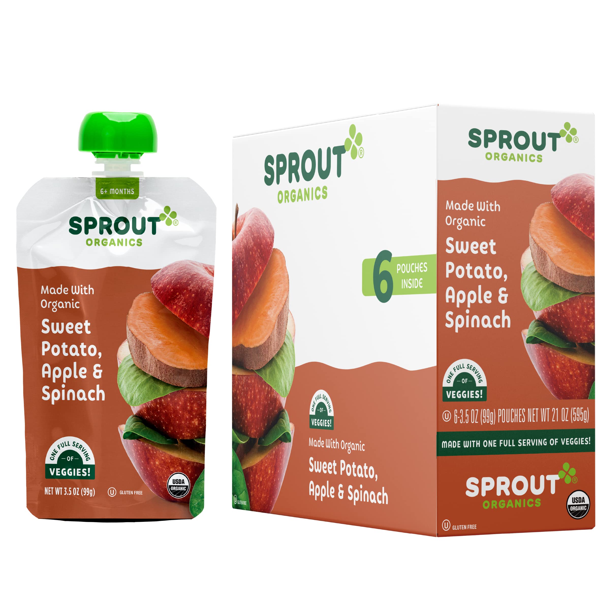 Sprout Organic Baby Food, Stage 2 Pouches, Sweet Potato Apple and Spinach, 3.5 Oz Purees (Pack of 12)