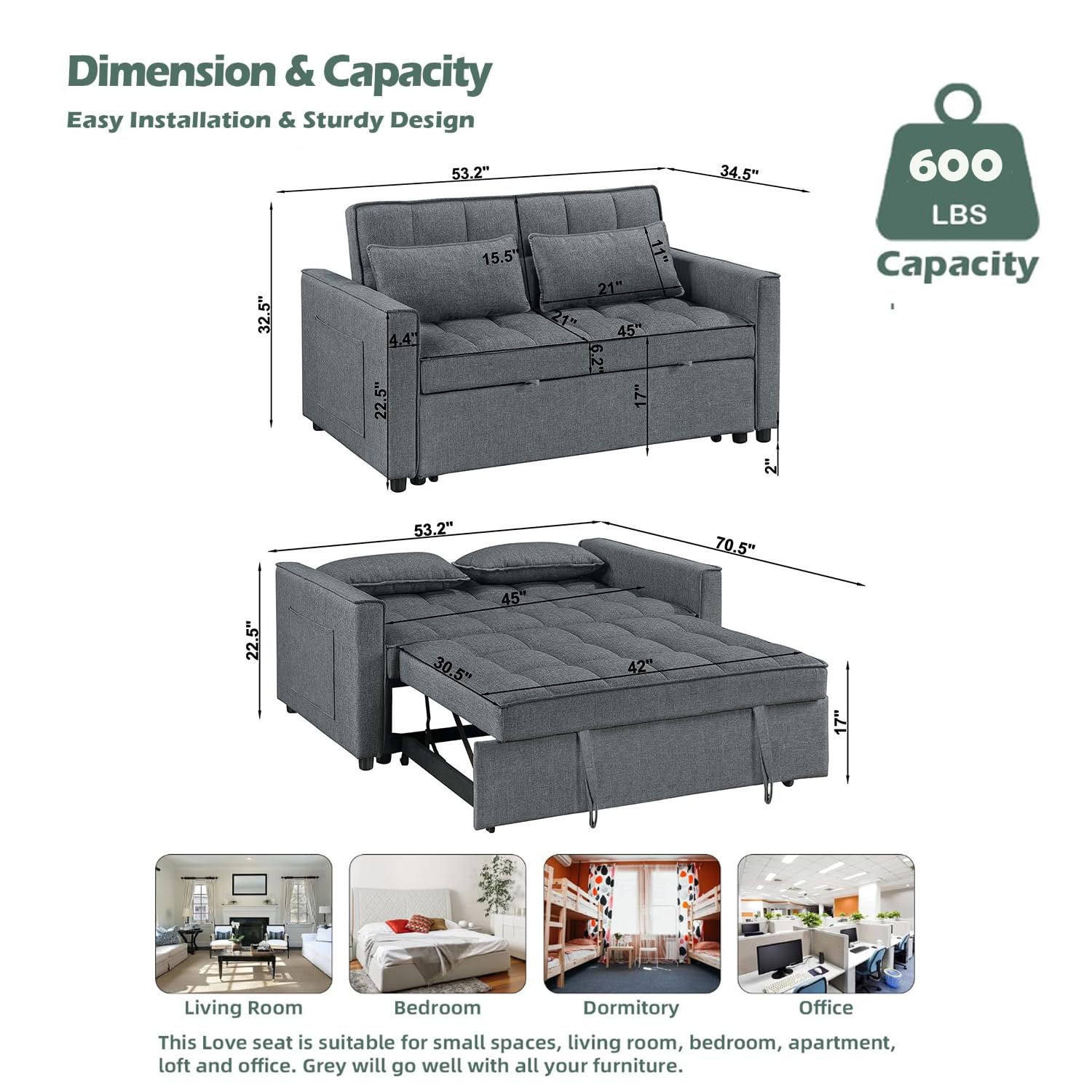 Anmutig Pull Out Sofa Bed 3-in-1 Convertible Sofa Sleeper Chair Bed,Adjustable Armchair Beds for Small Spaces, Apartment, Living Room, Office (Grey)