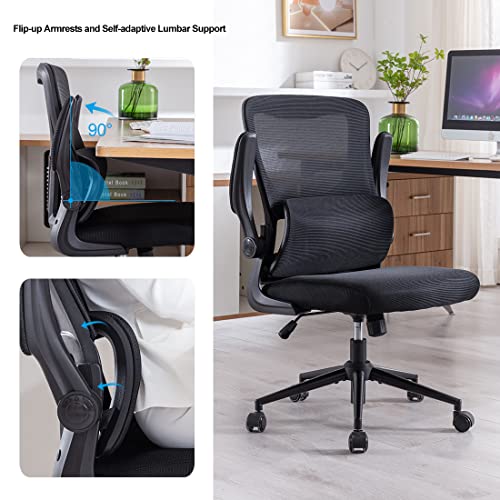 BRTHORY Office Chair Height-Adjustable Ergonomic Desk Chair with Self-Adaptive Lumbar Support, Breathable Mesh Computer Chair High Back Swivel Task Chair with Flip-up Armrests - Black