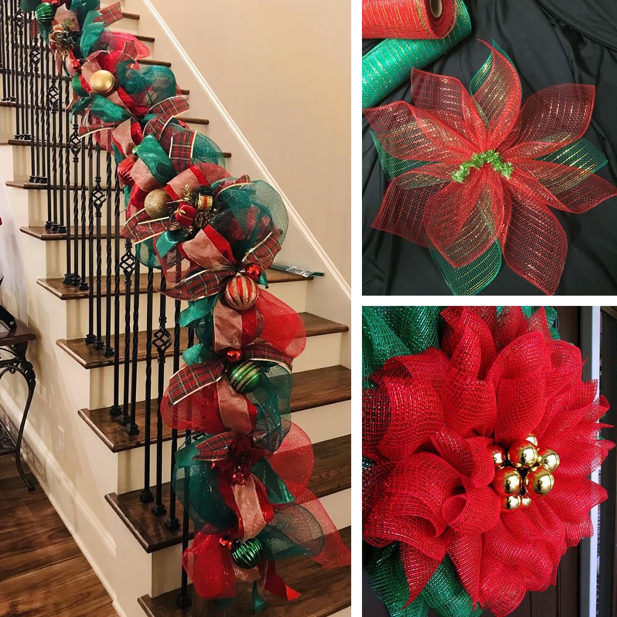 8 Rolls Christmas Mesh Ribbon, Christmas Mesh Fabric Ribbons with Metallic Foil Poly Deco Mesh Ribbon for Christmas Xmas Tree Bows Garland Decoration