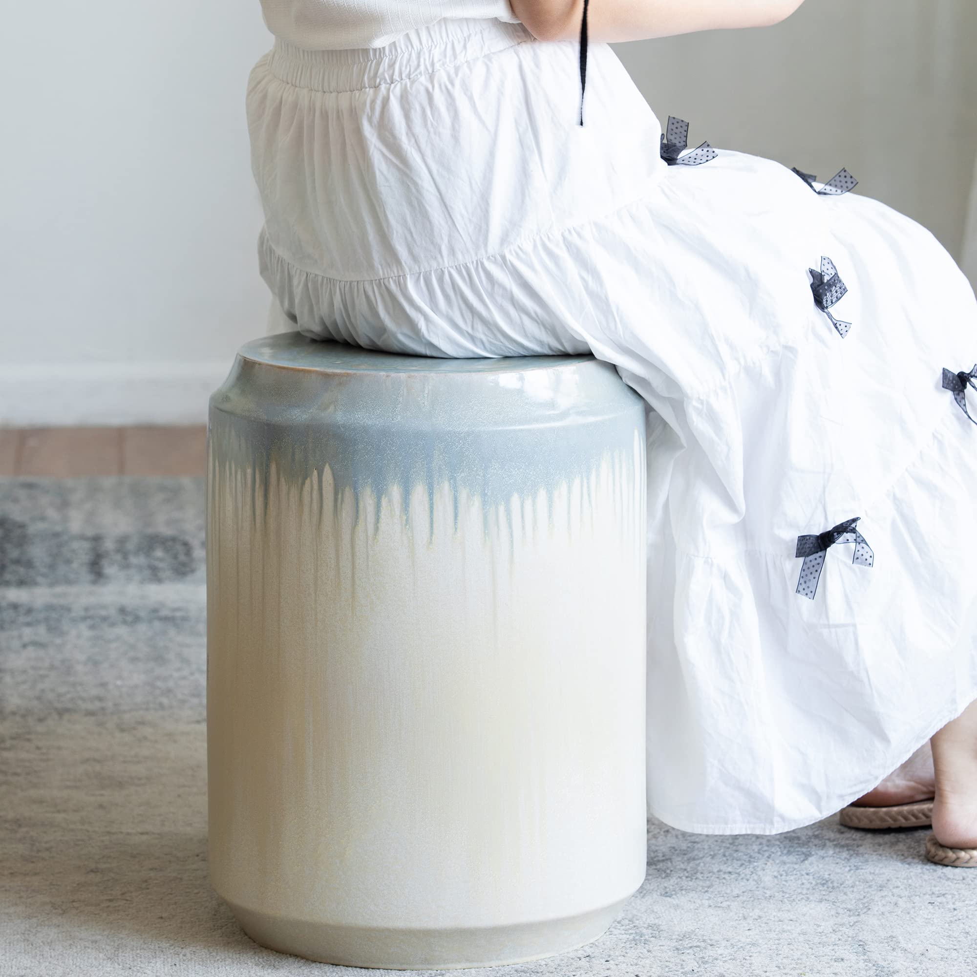 A&B Home Stool - Blue and Beige Ceramic Stool, Live Edge Coffee Table Side Table, Living Room Bedroom Accent Table Plant Stand, 14" x 14" x 18"