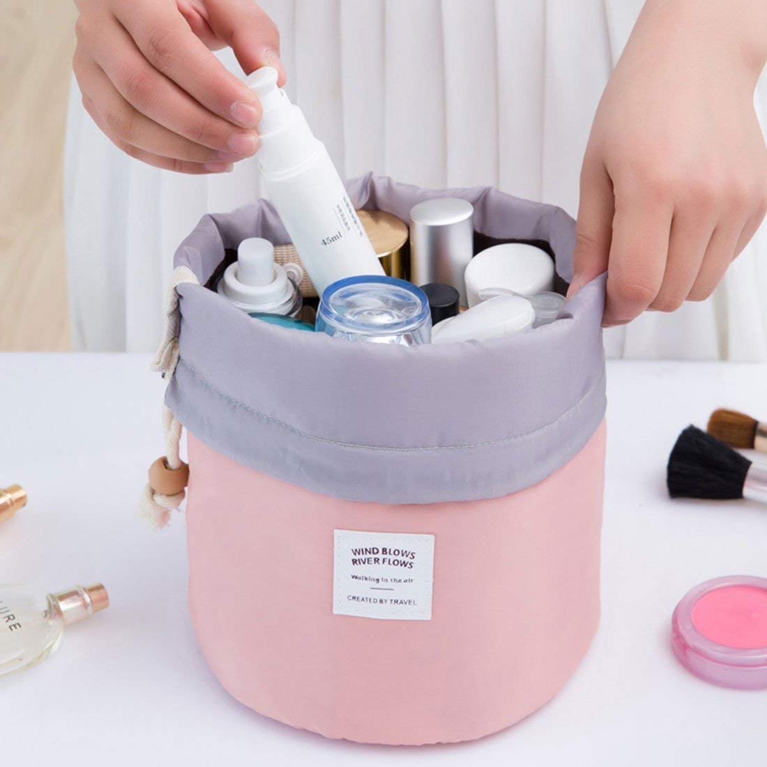 INVODA 4PCS Cosmetic Bag 4 Pieces Barrel Shaped Travel Makeup Bags Large Capacity Soft Waterproof Portable Drawstring Cosmetic Bag Multifunctional Bucket Toiletry Bag (Green+Pink+Blue+Red)