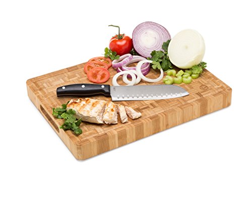 End Grain Wood Bamboo Cutting Board for Kitchen, Commercial Use - Extra Large, Thick Butcher Block with Juice Groove, Handles, and Non-Slip Feet for Chopping Veggies, Carving Meat, Bread and Cheese