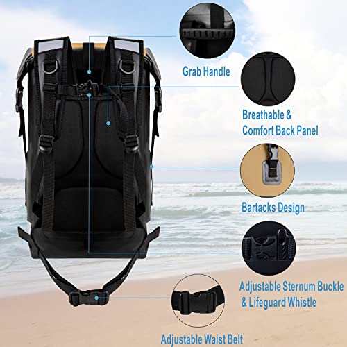 BRONZY Waterproof Backpack Dry Bag 30L Roll Top Closure With Front Zippered Pocket Heavy Duty Breathable Foam Padded Backing Heat Seal Finishing For Kayaking Camping Boating Hiking Beach (Khaki)
