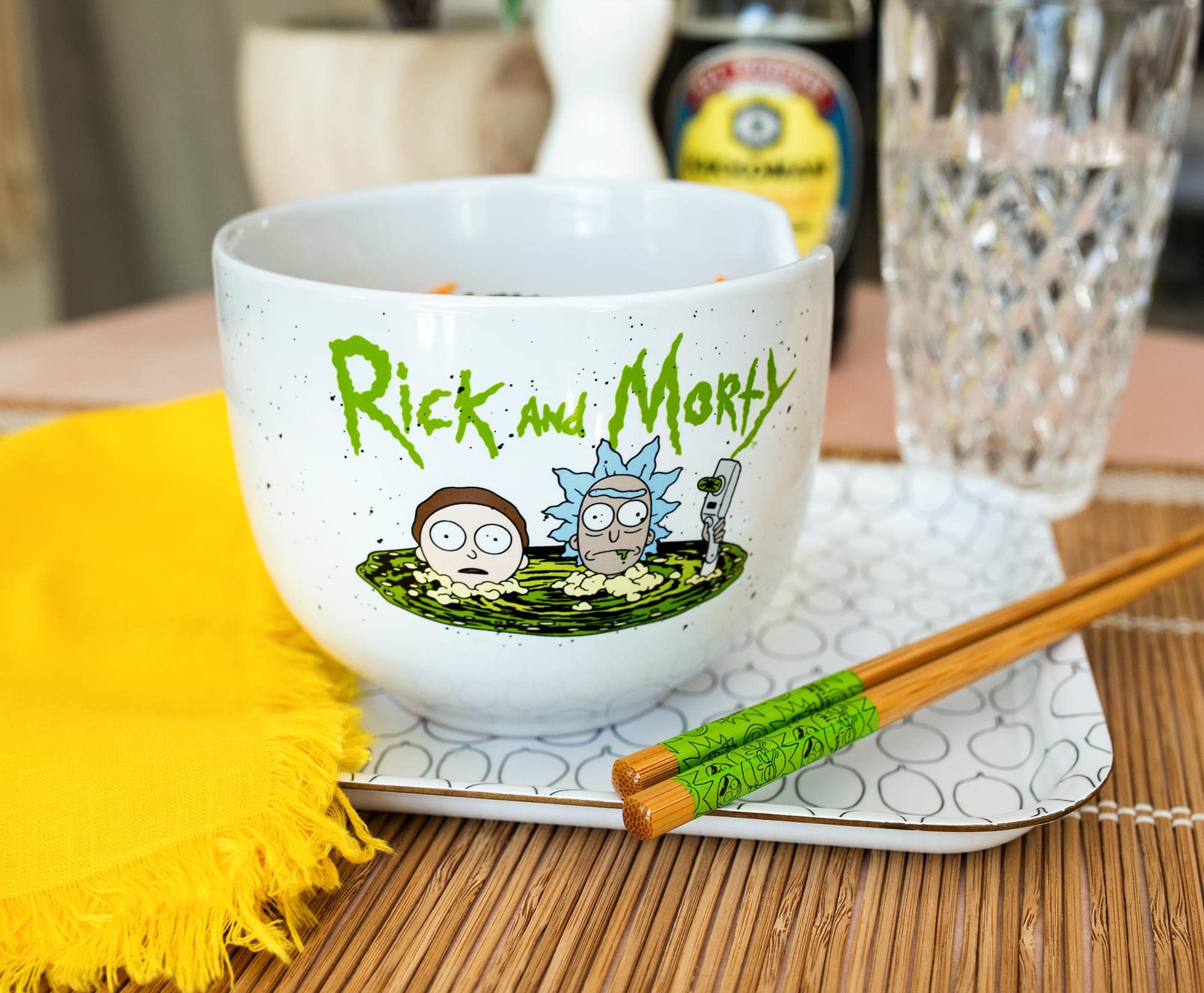 Silver Buffalo Rick and Morty Portal Japanese Ceramic Dinnerware Set | Includes 20-Ounce Ramen Noodle Bowl and Wooden Chopsticks | Asian Food Dish Set For Home & Kitchen