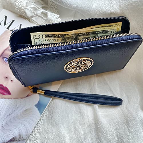 Rebecca & Rifka Women's Large Saffiano Vegan Leather Medallion Zip Around Multi Holder Organizer Wristlet Large Capacity Travel Clutch Wallet (Navy)
