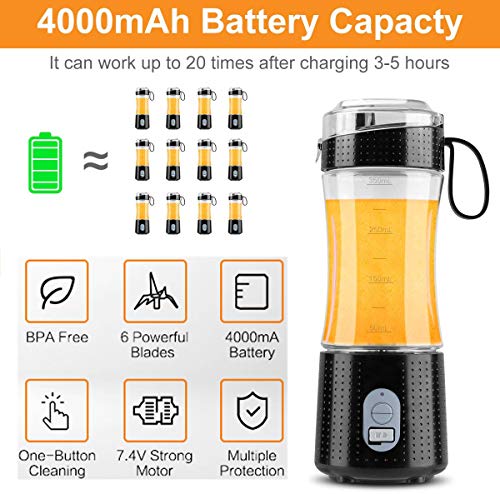 Handzee Portable Mini Blender - 13Oz USB Rechargeable Personal Size Blender | 6 Blades BPA-Free Plastic Cup Juicer For Shakes and Smoothies | Small Blender For Home Sports Outdoors Travel Blender