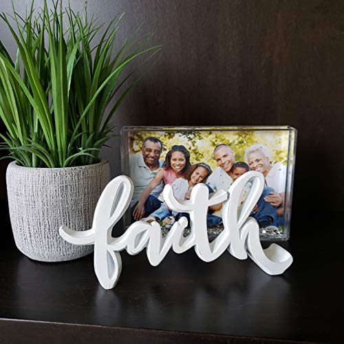 Birch & Bliss β Faith β Small Distressed White Tabletop Script Word Decor (6.75in x 3in) Modern Farmhouse Resin Standing Words - Inspirational Gifts | Spring - Wedding Decor