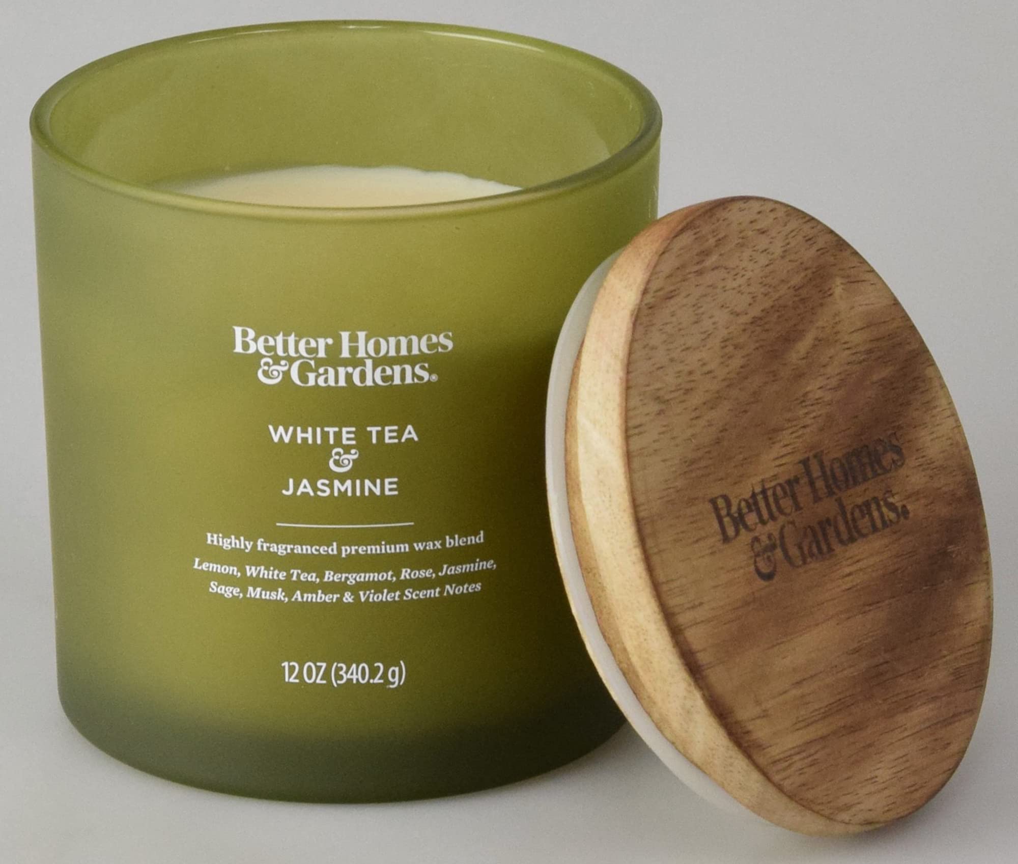 BetterHomes&Gardens Better Homes and Gardens 12oz Scented Candle, White Tea and Jasmine 2-Pack, Olive Green, 12oz (329g) x 2 [excluding glass jar weight] (44220)