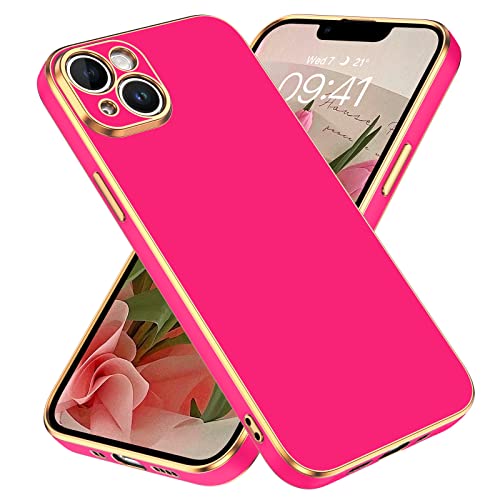 BENTOBEN Compatible with iPhone 13 Mini Case, Slim Luxury Electroplated Bumper Women Men Girl Protective Soft Case Cover with Strap for iPhone 13 Mini 5.4 inch,Hot Pink/Gold
