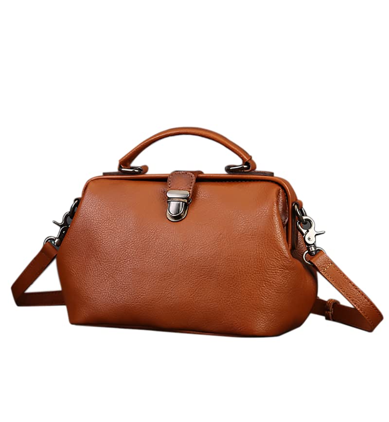 ARCOLAN Women's leather handbag retro Doctor Bag Brown Shoulder bag buckle type women's bag (Brown)