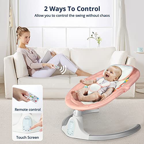 Bioby Baby Swing for Infants,The Five-Point Seat Belt,Bluetooth Touch Screen/Remote Control Baby Bouncer with Music Speaker,Motorized Portable Swing with 5 Swing Speeds(Pink)