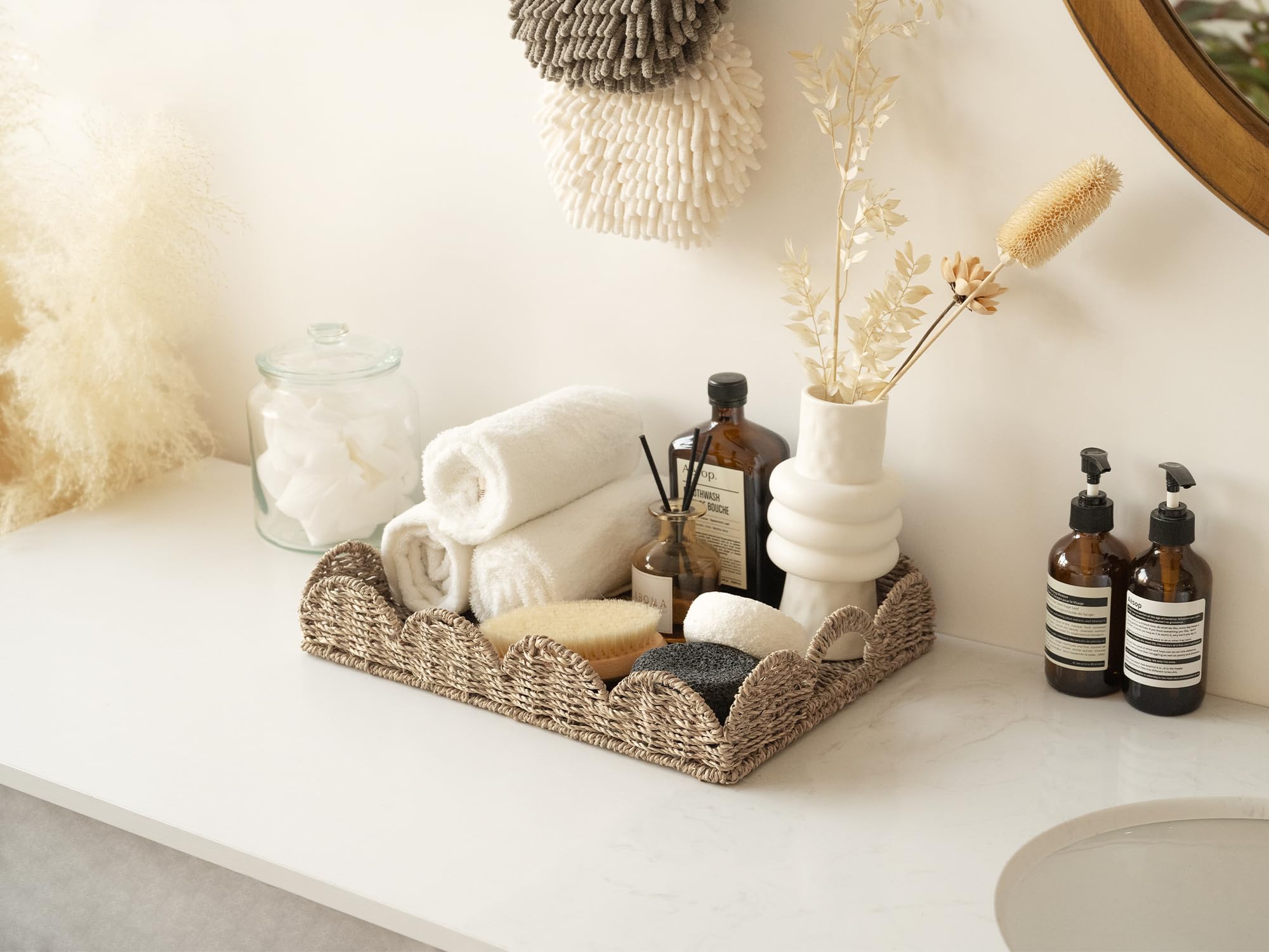 StorageWorks Scalloped Tray, Wicker Rattan Serving Tray with Handles, Woven Rectangle Seagrass Tray, Scalloped Basket Table Décor Trays, Rattan Basket Tray for Ottoman Decorative and Organizer Trays